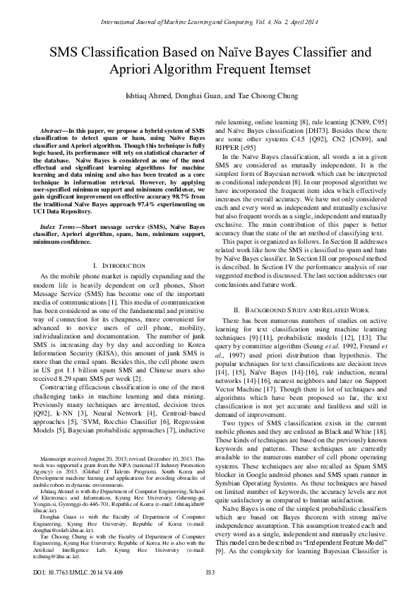 Pdf Sms Classification Based On Naïve Bayes Classifier And Apriori Algorithm Frequent Itemset