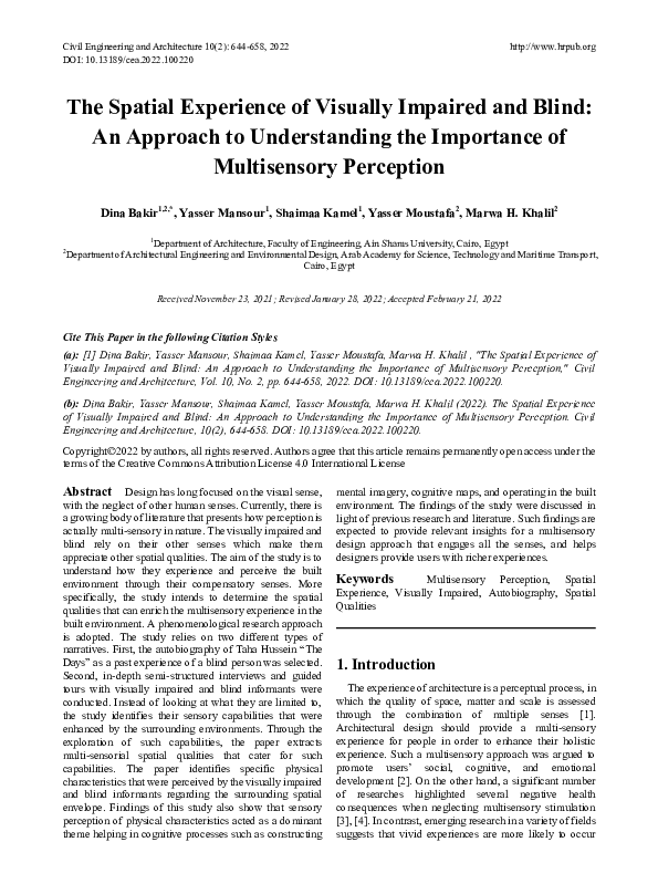 (PDF) The Spatial Experience of Visually Impaired and Blind: An ...