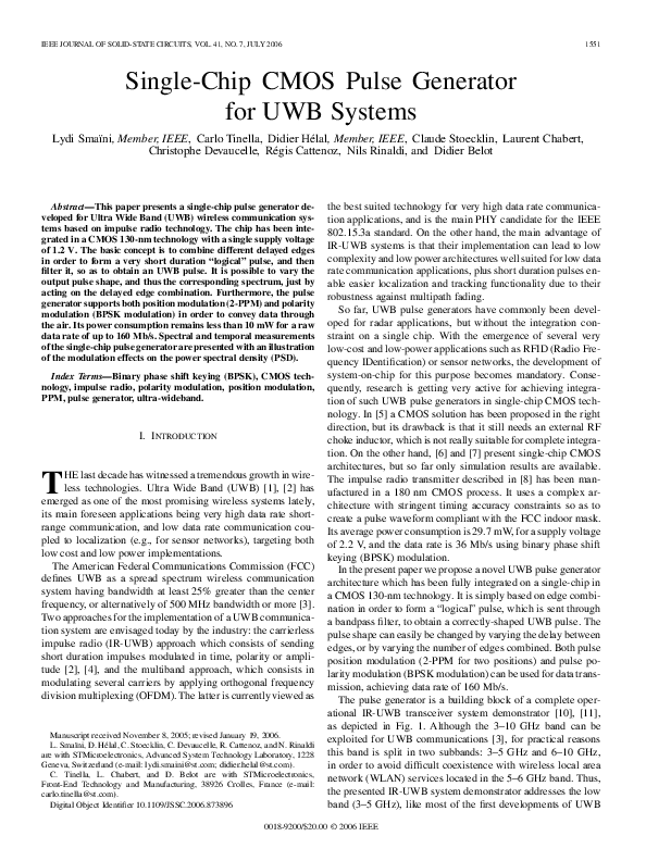 (PDF) Single-Chip CMOS Pulse Generator for UWB Systems