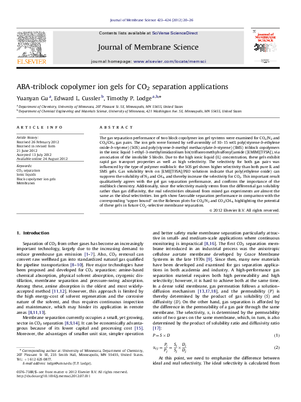 (PDF) ABA-triblock copolymer ion gels for CO2 separation applications