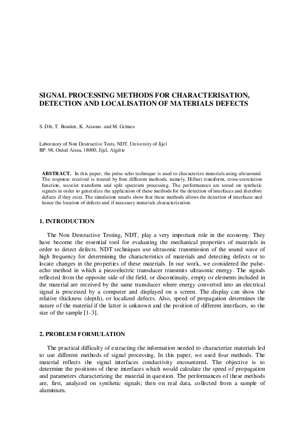 (PDF) Signal Processing Methods for Characterisation, Detection and Localisation of Materials ...