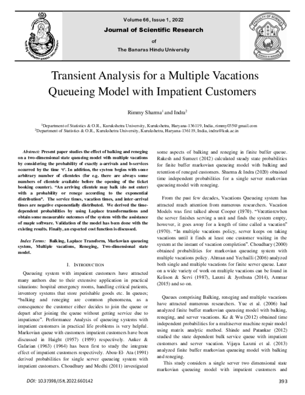 (PDF) Transient Analysis for a Multiple Vacations Queueing Model with Impatient Customers ...