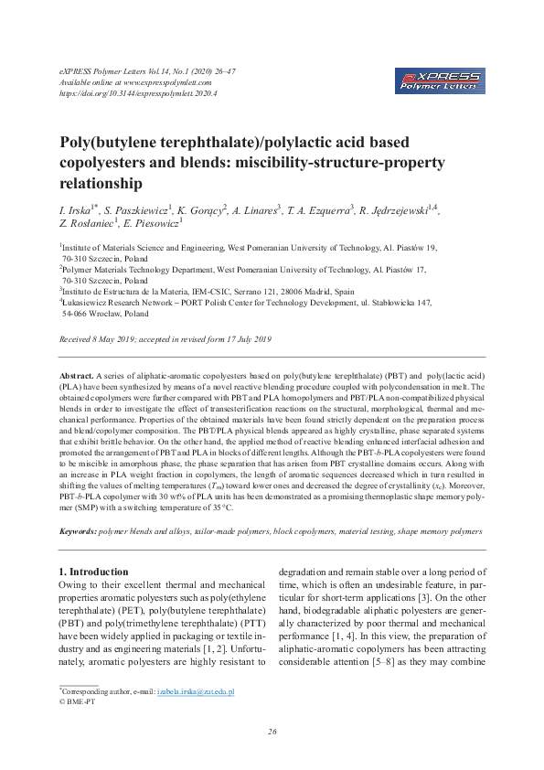 (PDF) Poly(butylene terephthalate)/polylactic acid based copolyesters and blends: miscibility ...