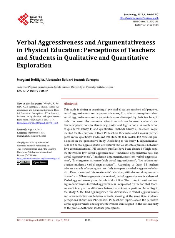 (PDF) Verbal Aggressiveness and Argumentativeness in Physical Education ...