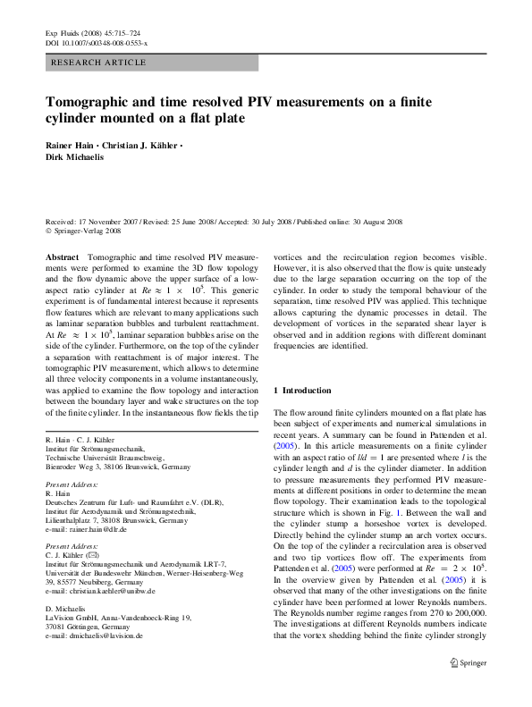 (PDF) Tomographic and time resolved PIV measurements on a finite cylinder mounted on a flat plate