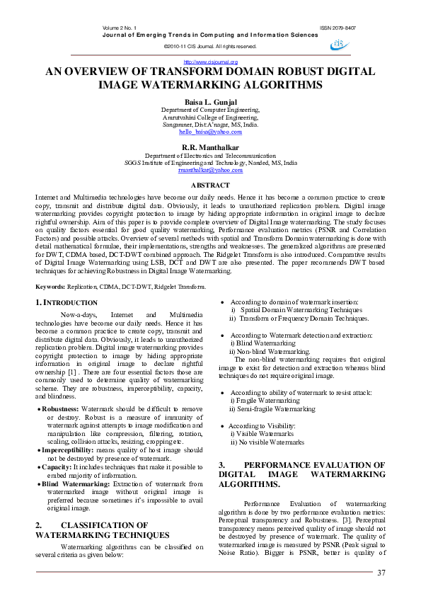 (PDF) An overview of Transform Domain Robust Digital Image Watermarking Algorithms