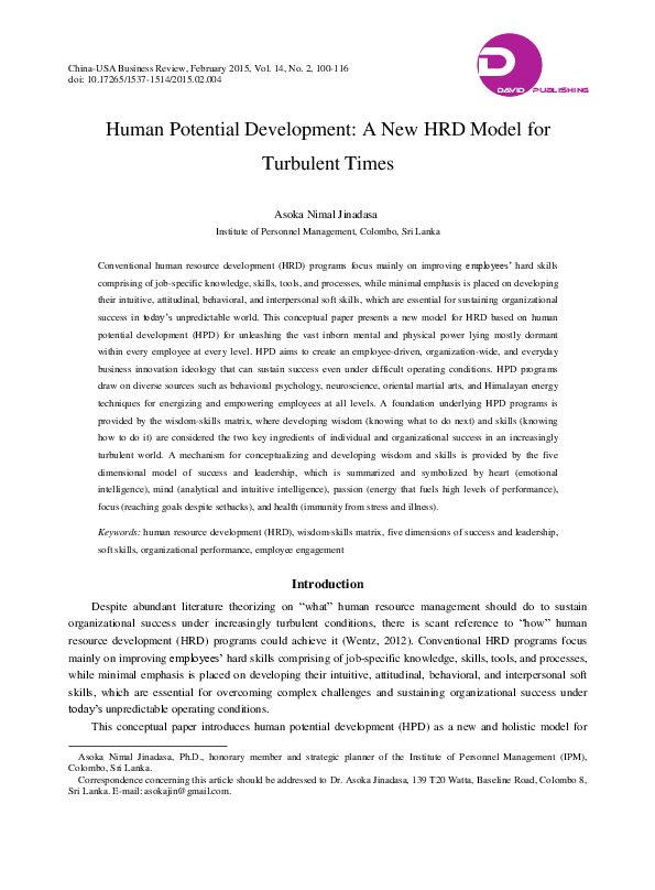 (PDF) Human Potential Development: A New HRD Model for Turbulent Times | Asoka Jinadasa ...