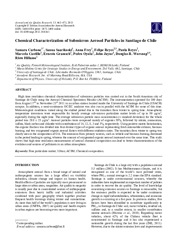 (PDF) Chemical Characterization of Submicron Aerosol Particles in ...