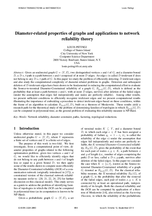 Pdf Diameter Related Properties Of Graphs And Applications To Network Reliability Theory