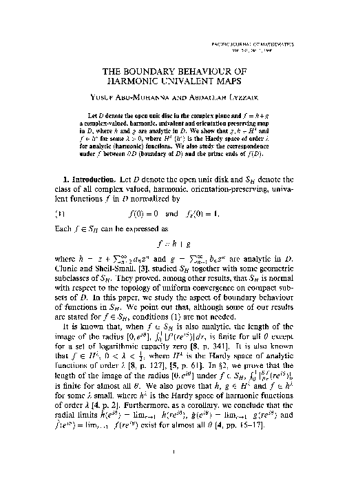 (PDF) The boundary behaviour of harmonic univalent maps | Abdallah Lyzzaik - Academia.edu