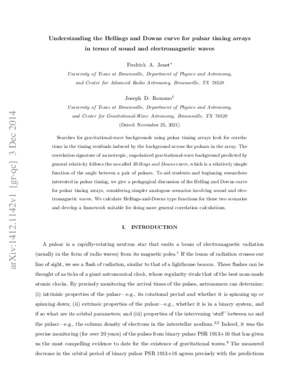 (PDF) Understanding the gravitational-wave Hellings and Downs curve for pulsar timing arrays in ...