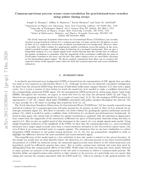 (PDF) Common-spectrum process versus cross-correlation for gravitational-wave searches using ...