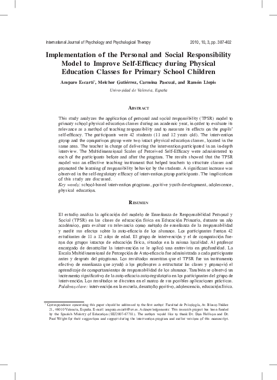 (PDF) Implementation of the Personal and Social Responsibility Model to ...