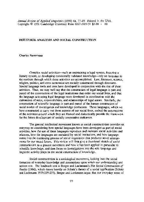 (PDF) Discourse analysis and social construction