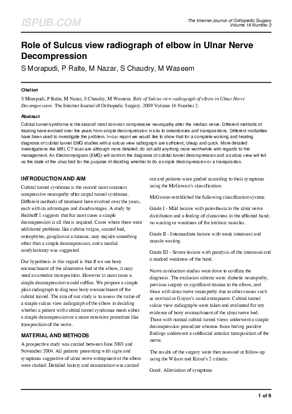 (PDF) Role of Sulcus view radiograph of elbow in Ulnar Nerve Decompression