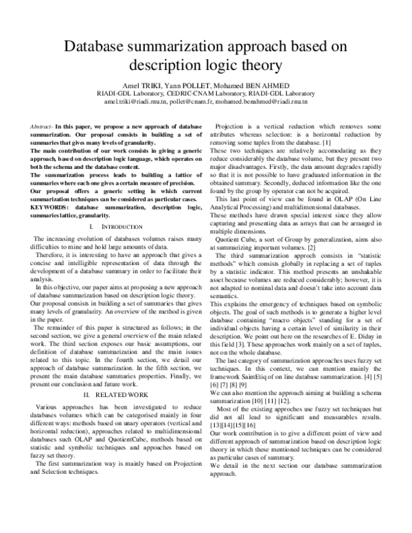(PDF) Database summarization approach based on description logic theory