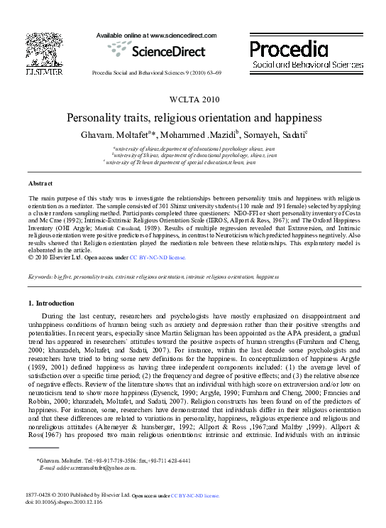 (PDF) Personality traits, religious orientation and happiness
