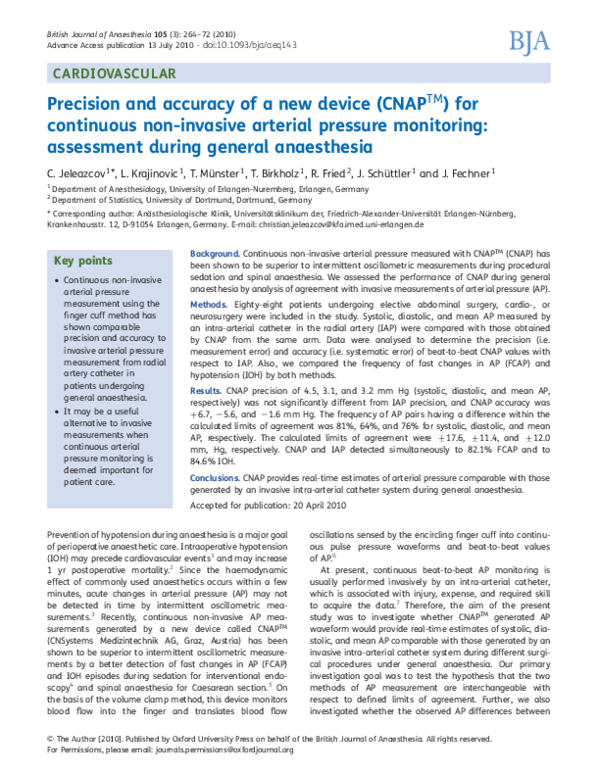(PDF) Precision and accuracy of a new device (CNAPTM) for continuous non-invasive arterial ...