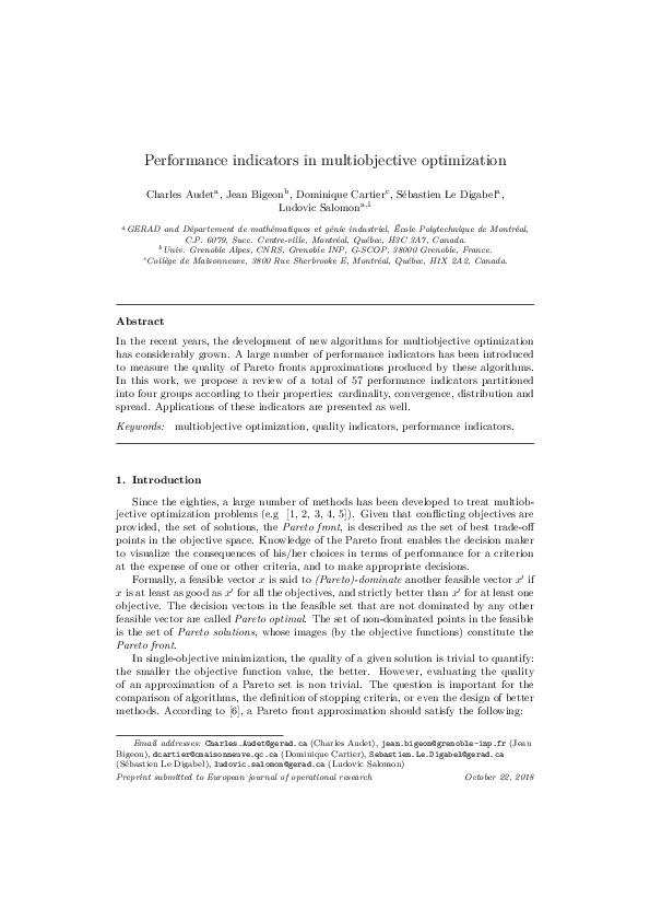 (PDF) Performance indicators in multiobjective optimization