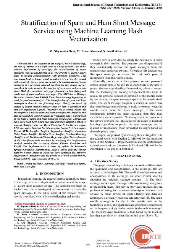 (PDF) Stratification of Spam and Ham Short Message Service using Machine Learning Hash Vectorization