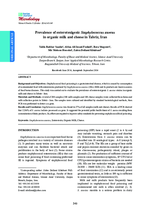 (PDF) Prevalence of enterotoxigenic Staphylococcus aureus in organic ...