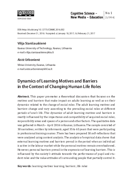 (PDF) Dynamics of Learning Motives and Barriers in the Context of Changing Human Life Roles