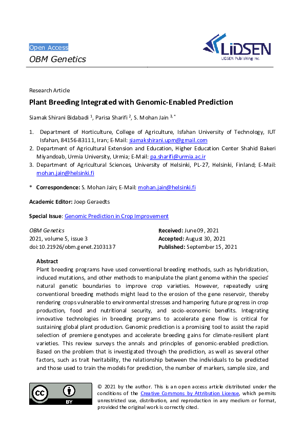 Pdf Plant Breeding Integrated With Genomic Enabled Prediction