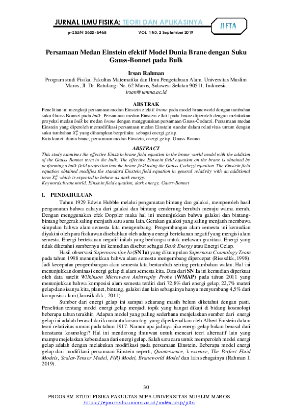 (PDF) Persamaan Medan Einstein efektif Model Dunia Brane dengan Suku ...
