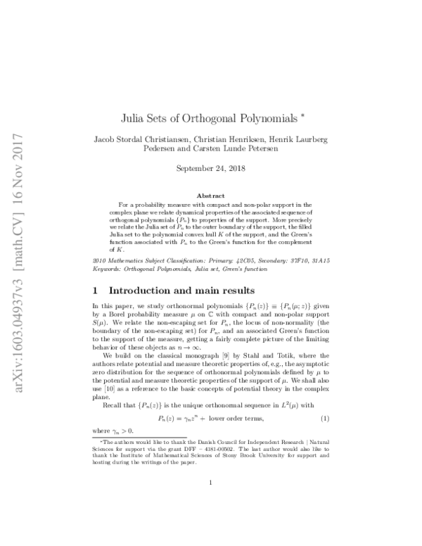 (PDF) On the (Filled-) Julia sets of Orthogonal polynomials | Carsten ...