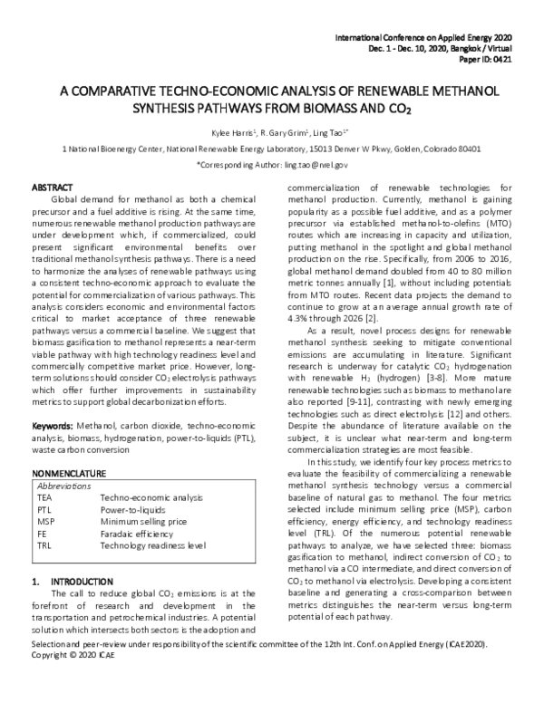 (PDF) A Comparative Techno-Economic Analysis of Renewable Methanol ...