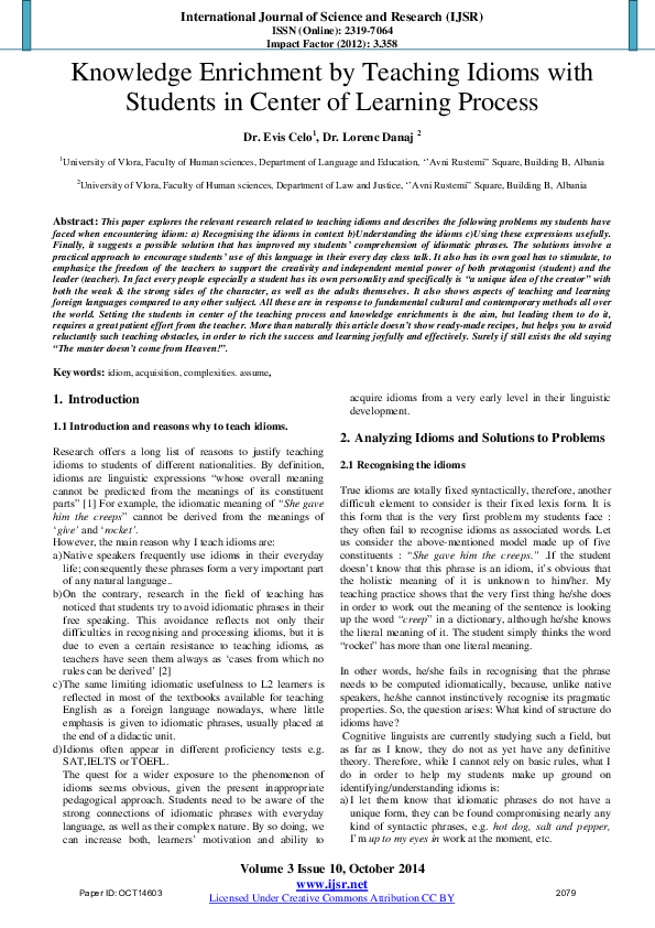 (PDF) Knowledge Enrichment by Teaching Idioms with Students in Center ...