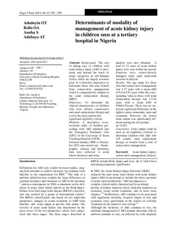 (PDF) Determinants of modality of management of acute kidney injury in ...