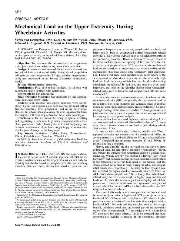 (PDF) Mechanical Load on the Upper Extremity During Wheelchair Activities