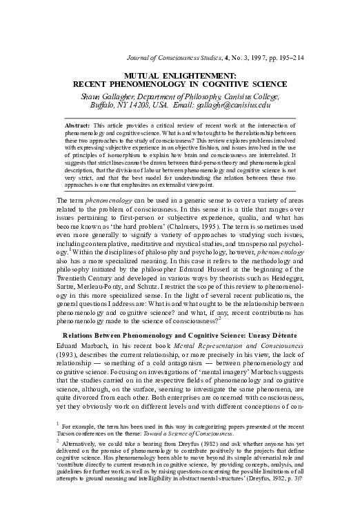 (PDF) Mutual enlightenment: Recent phenomenology in cognitive science