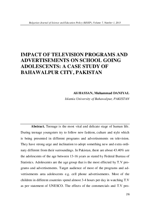 (PDF) Effects of TV on Adolescents in Bahawalpur