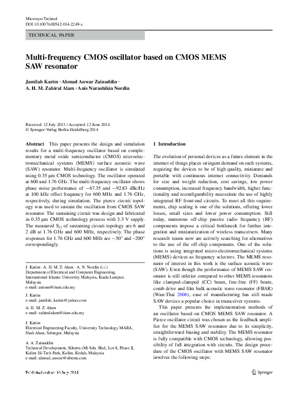 (PDF) Multi-frequency CMOS oscillator based on CMOS MEMS SAW resonator