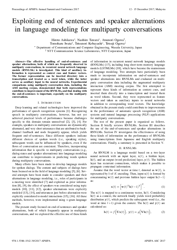 (PDF) Exploiting end of sentences and speaker alternations in language modeling for multiparty ...