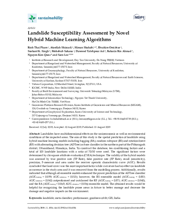 (PDF) Landslide Susceptibility Assessment by Novel Hybrid Machine Learning Algorithms