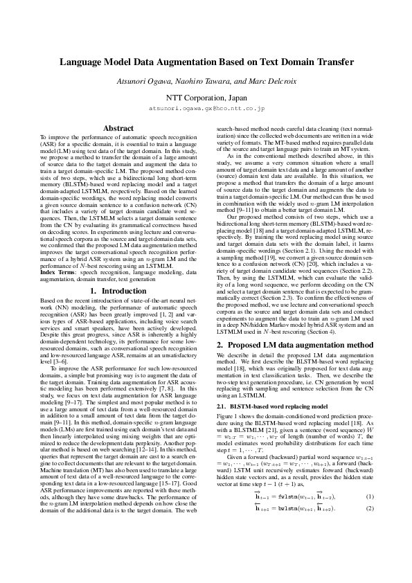 (PDF) Language Model Data Augmentation Based on Text Domain Transfer | Naohiro Tawara - Academia.edu