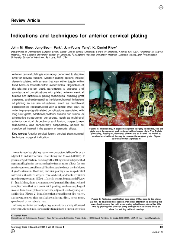 (PDF) Indications and techniques for anterior cervical plating