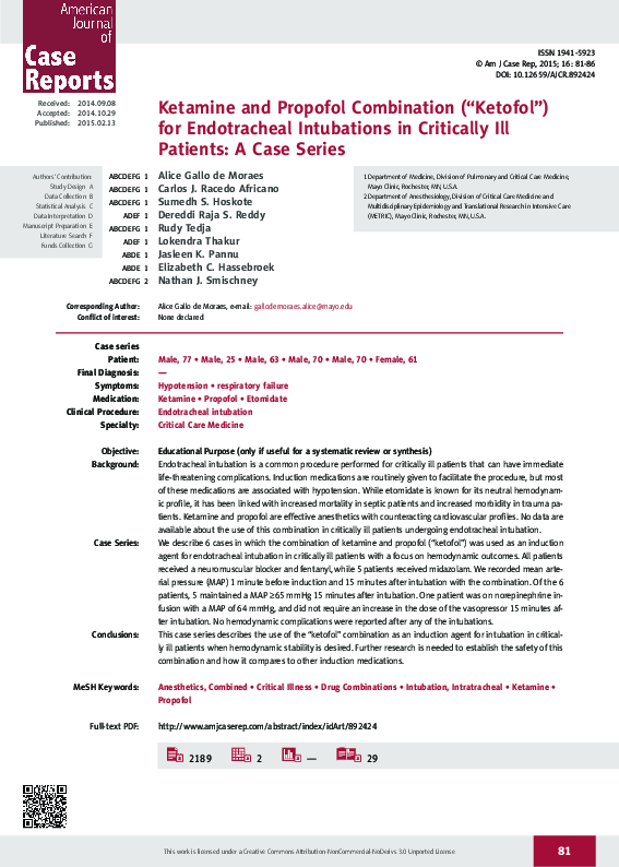 (PDF) Ketamine and propofol combination ("ketofol") for endotracheal ...