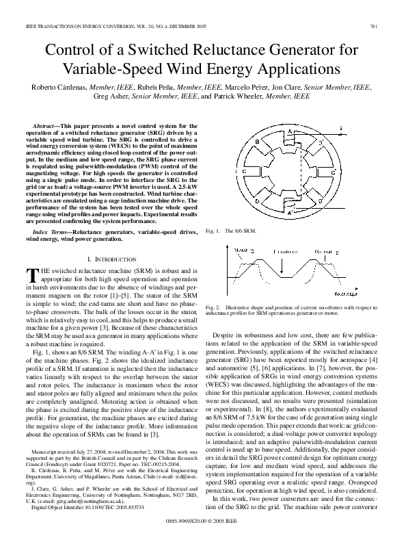 Pdf Control Of A Switched Reluctance Generator For Variable Speed