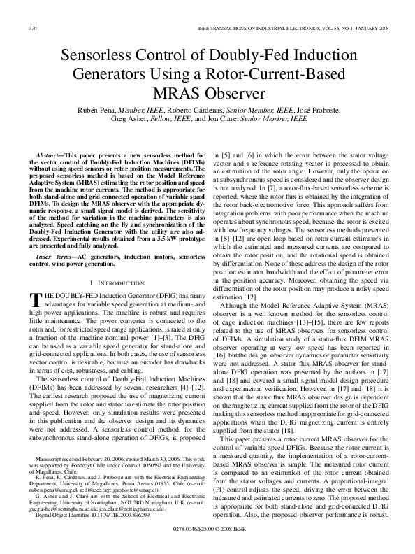 Pdf Sensorless Control Of Doubly Fed Induction Generators Using A Rotor Current Based Mras