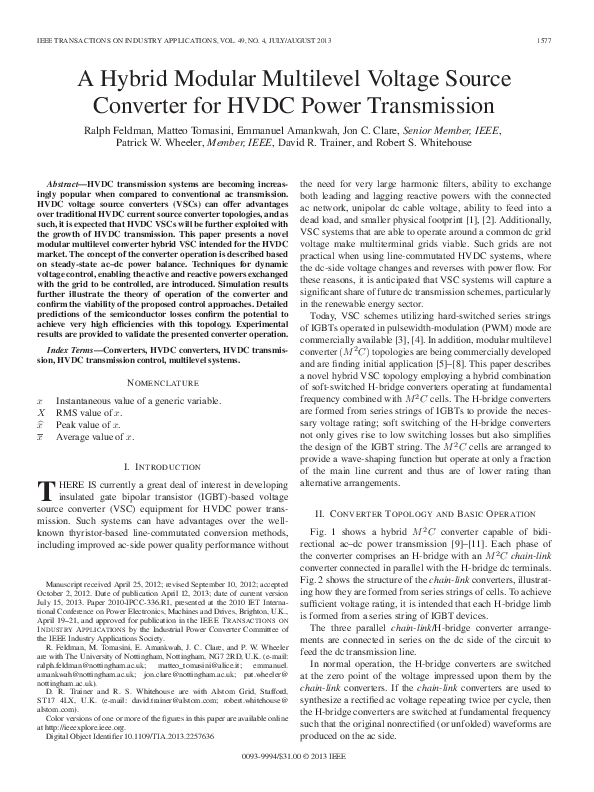 (PDF) A Hybrid Modular Multilevel Voltage Source Converter for HVDC Power Transmission