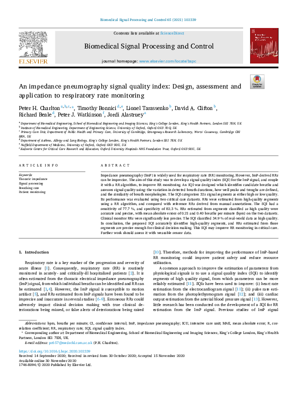(PDF) An impedance pneumography signal quality index: Design ...