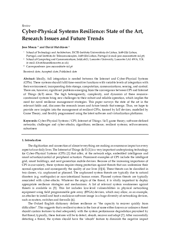 (PDF) Cyber-Physical Systems Resilience: State of the Art, Research Issues and Future Trends