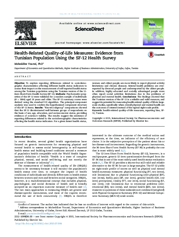 (PDF) Health-Related Quality-of-Life Measures: Evidence from Tunisian ...