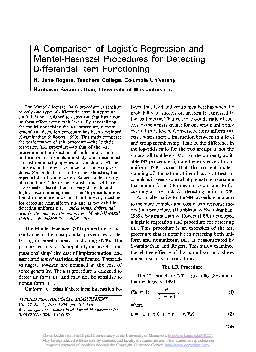 Pdf A Comparison Of Logistic Regression And Mantel Haenszel Procedures For Detecting