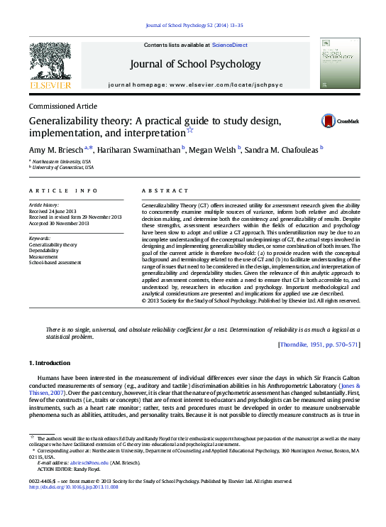 (PDF) Generalizability theory: A practical guide to study design ...