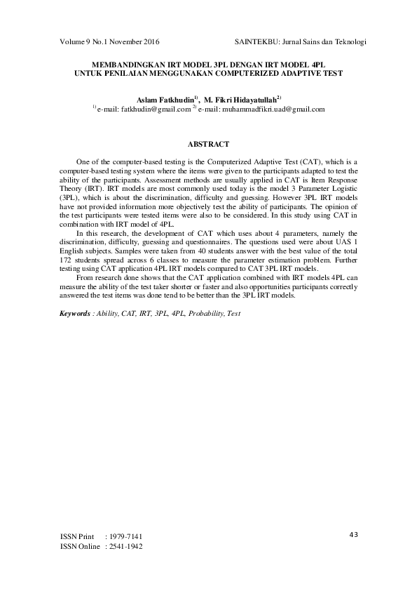 (PDF) Membandingkan Irt Model 3PL Dengan Irt Model 4PL Untuk Penilaian ...